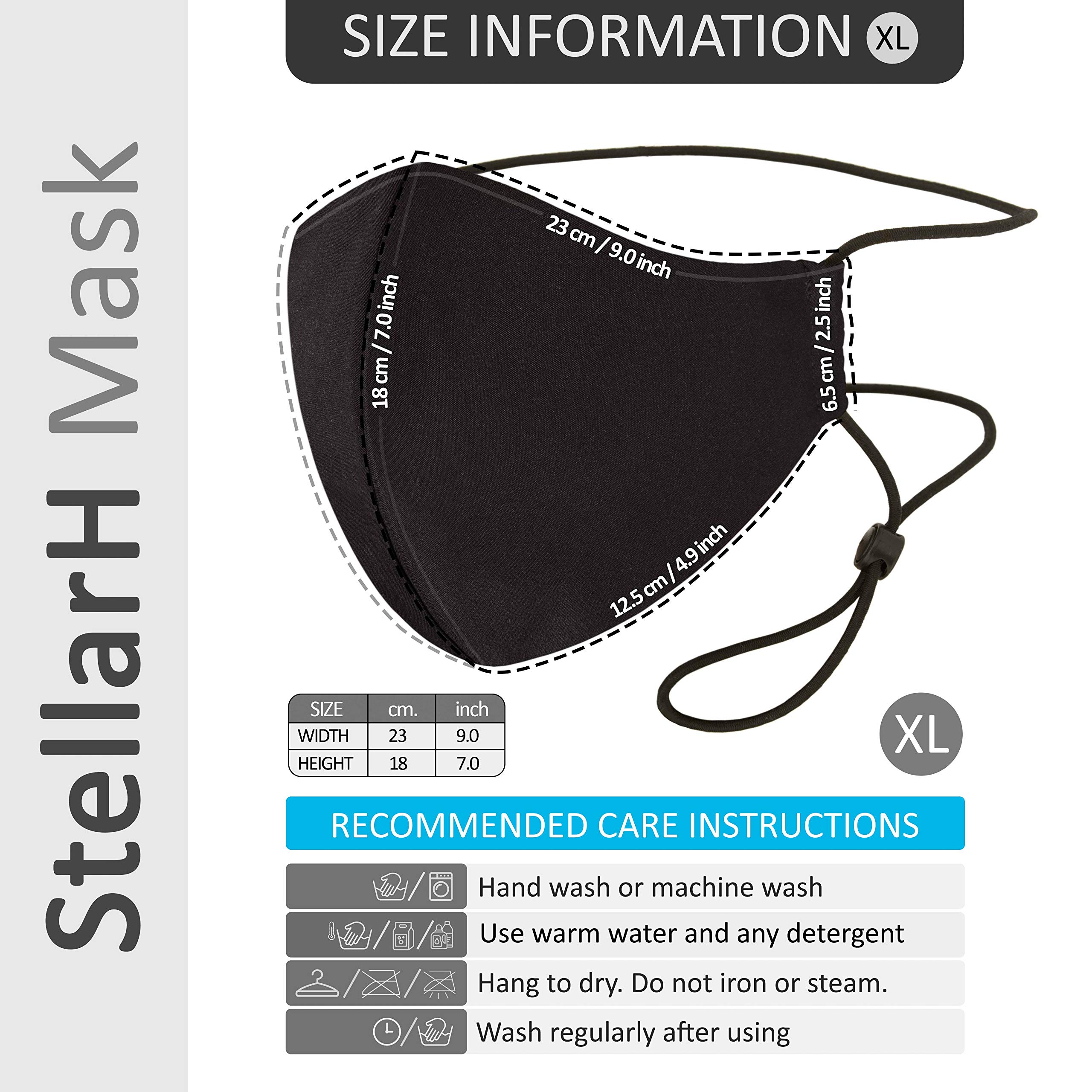 STELLARH Mouth Covers 3 Layers Washable & Reusable Over the Head Comfort No Ear Pulling Comfortable Handmade (3 Pack XL)