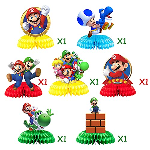 OU RUI 7Pcs Mario Honeycomb Style Centerpiece Mario Themed Party Supplies Mario Birthday Party Desktop Decoration