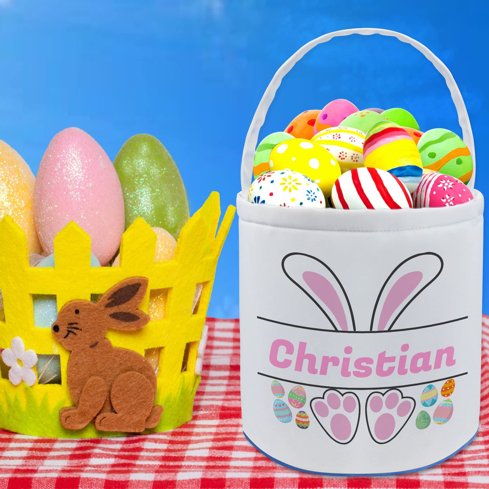 Personalized Easter Baskets for Girls Boys Kids with Name Custom Buny Easter Basket Customized Easter Egg Tote Bags Buckets - Blue