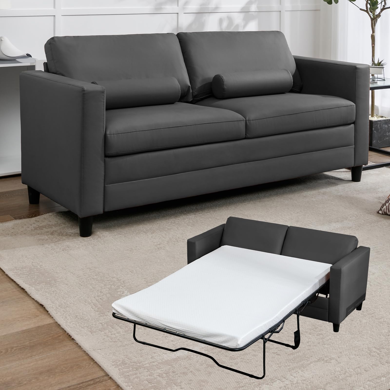 Mjkone Faux Leather Pull Out Sofa Bed, Queen Size Convertible Sleeper Sofa, 2-in-1 Modern Loveseat Couch Bed with Memory Form Mattress for Living Room, Office and Apartment, Grey