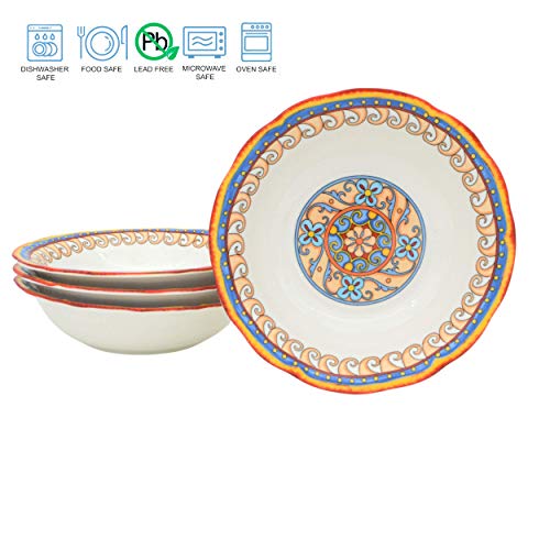 Euro Ceramica Duomo Collection Pasta Bowl Set of 4, Italian Floral Design, Multicolor, gold and cream, 34 fluid ounces