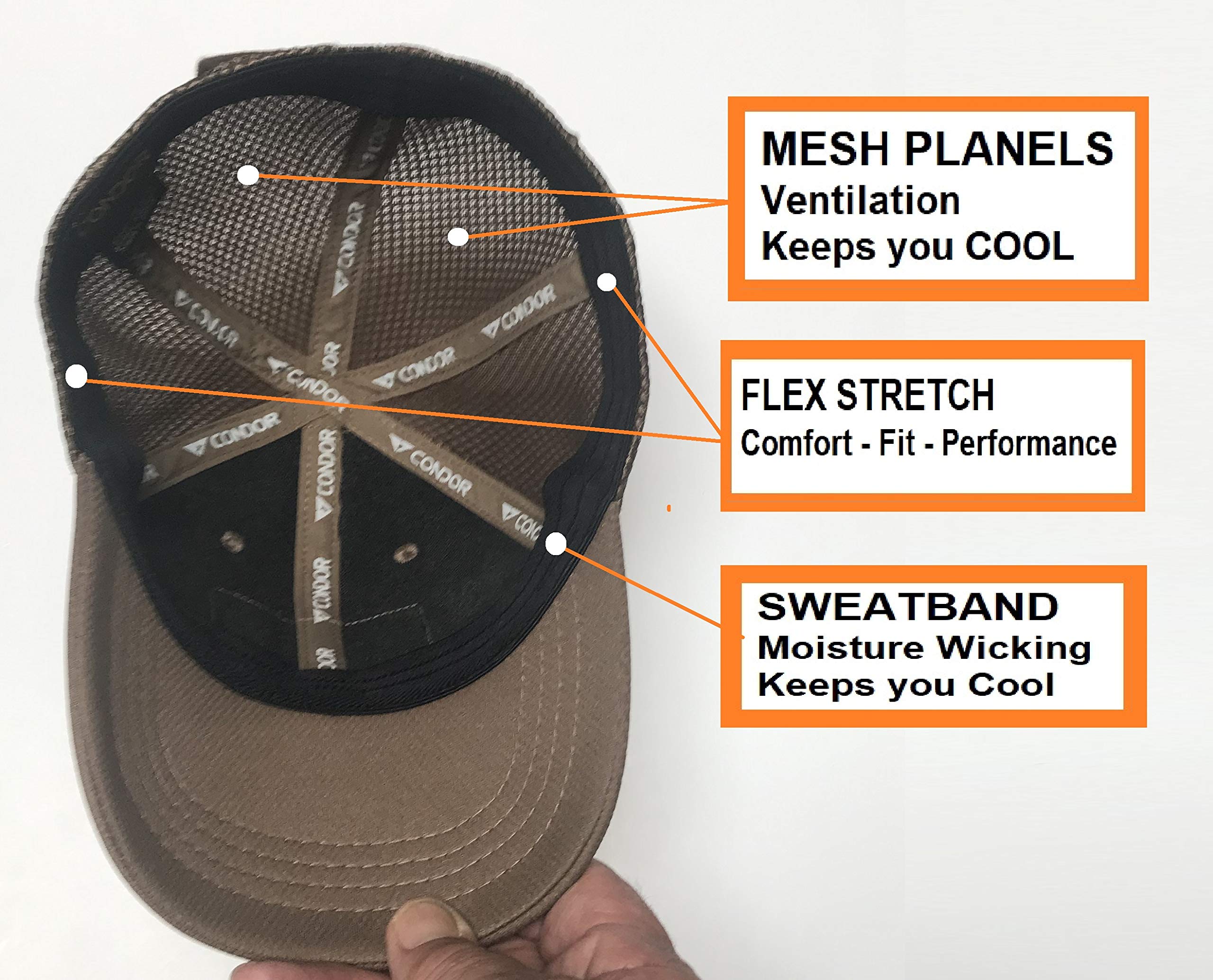 Condor Flex Mesh Cap (Brown) + PVC Flag & Warrior Patch, Highly Breathable Fitted Tactical Operator Hat (L/XL)