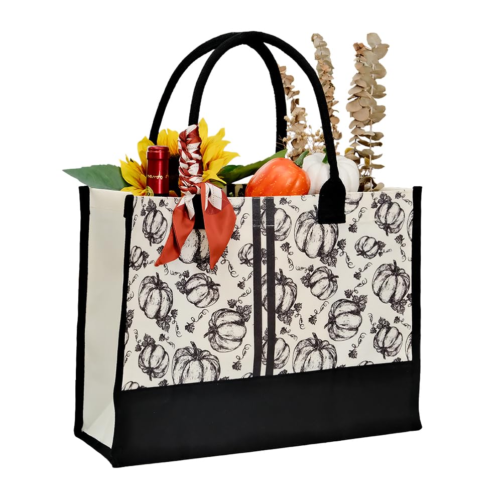 CROWNED BEAUTY Fall Canvas Tote Bag with Zipper Pocket Personalized Gift for Women, Pumpkins Leaves Beach Bag CT53