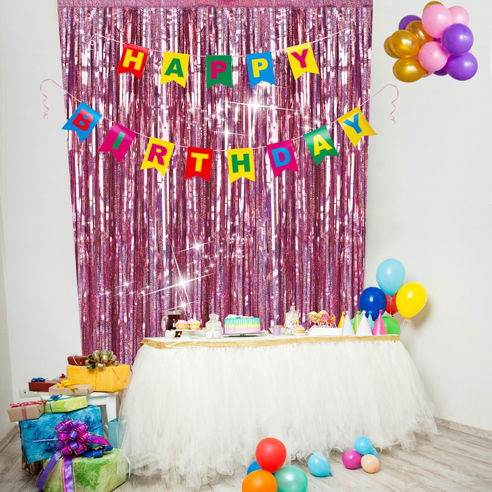 Dorbetar Pink Party Decorations(2 Pack 3.3x8.2 Feet), Irthday Decorations Backdrop, Foil Fringe Curtains Streamers Party Decorations, Tinsel Curtain Fringe Backdrop (Pink)