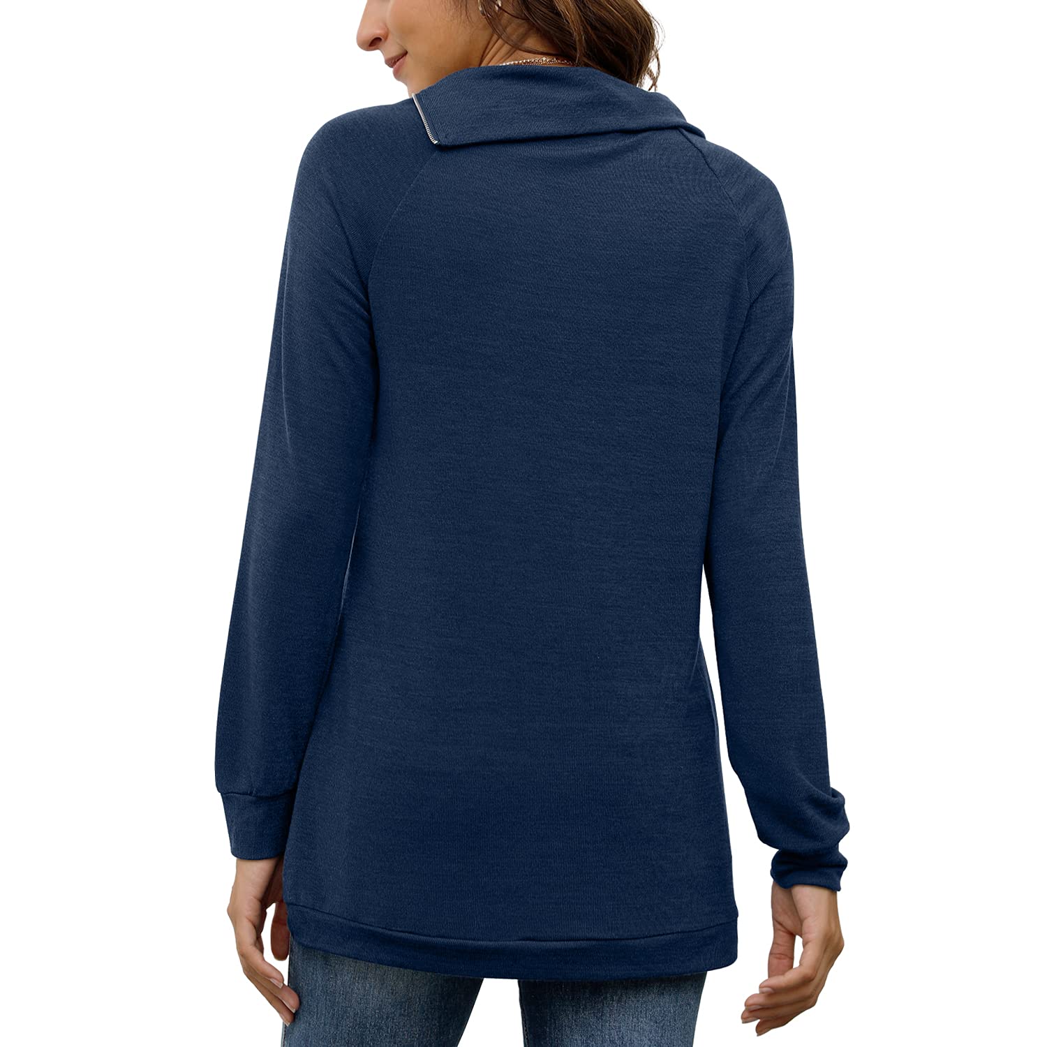 Davenil Women's Long Sleeve Pullover Tops Lightweight Cute Turtleneck Oblique Quarter Zip Sweatshirts with Irregular Hem Navy Size S