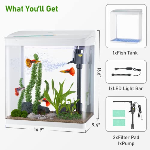 PONDON 8 Gallon Fish Tank, Glass Aquarium Starter Kit, Includes Filter and LED Lighting (White, 8Gallon)