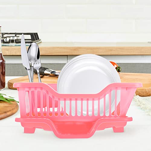 Zerodeko Kitchen Dish Drying Rack with Cutlery Holder Drainboard and Water Spout Plastic Dish Drainer Dinnerware Basket for Kitchen Counter Cabinet Pink