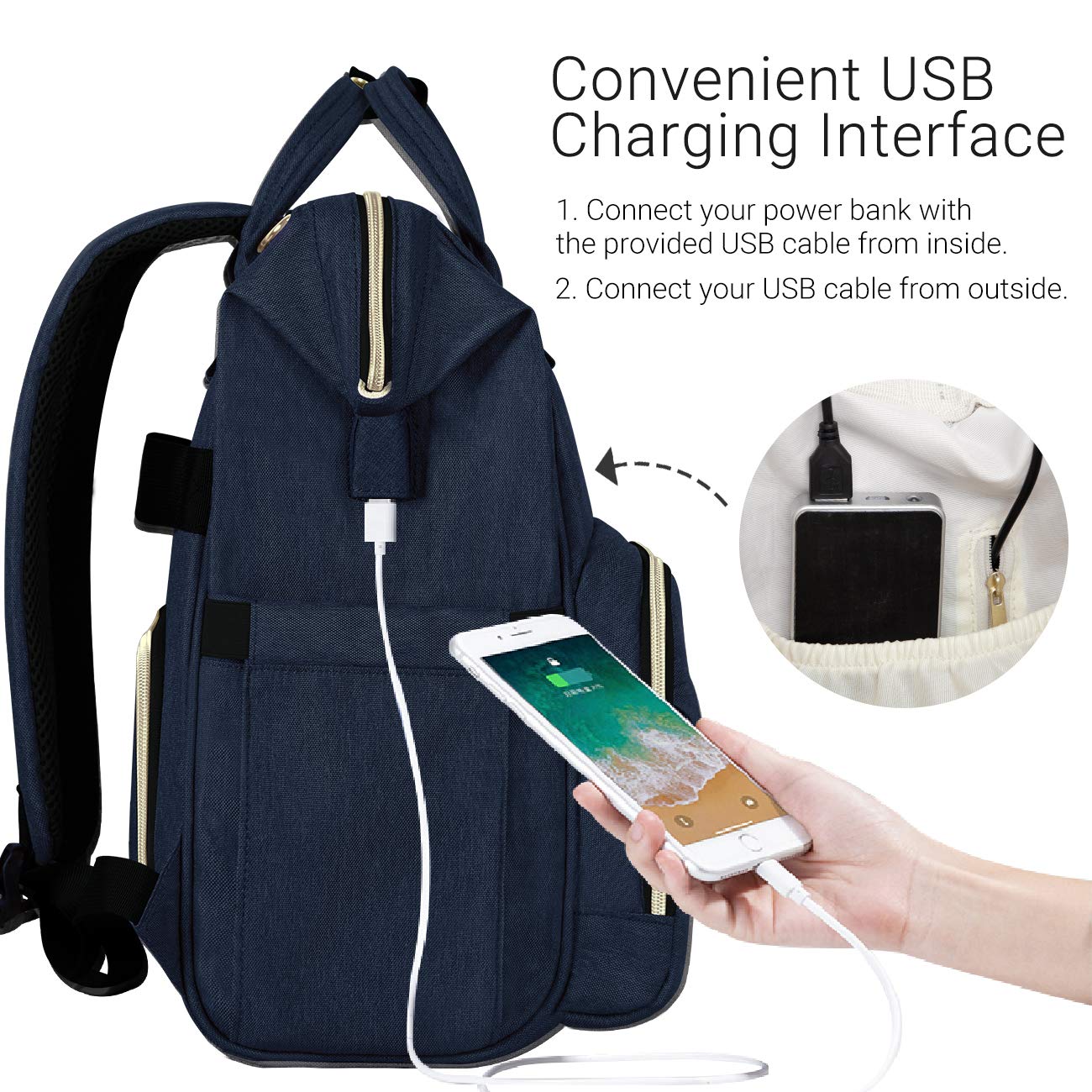 COSYLAND Diaper Bag Backpack, Mom Travel Backpack Nappy Bags Large Capacity Maternity Bag with USB Charge Port Stroller Strap Wide Shoulder Strap Insulated Pockets Navy Blue