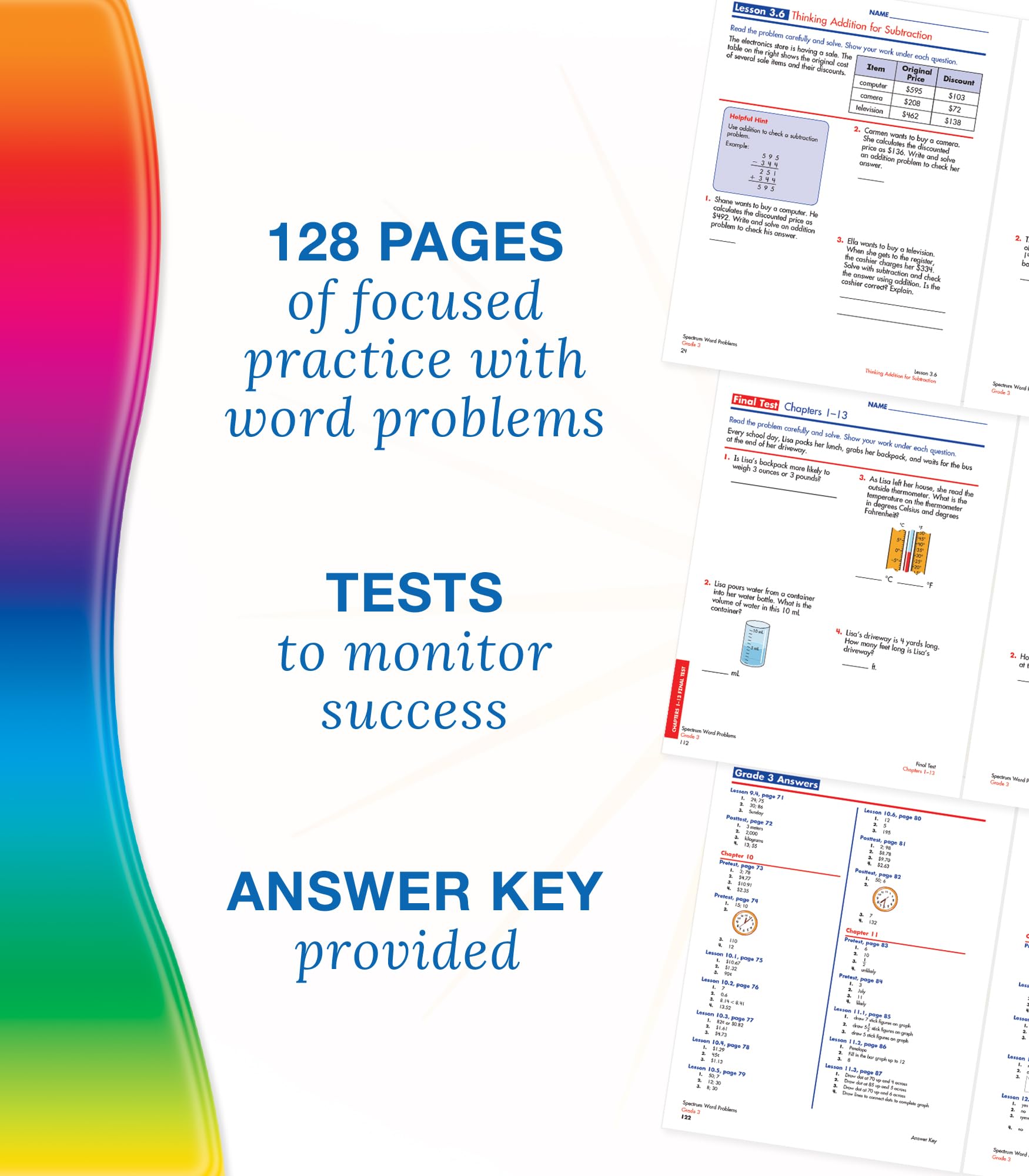 Spectrum Math Word Problems Grade 3 Workbook, Ages 8 to 9, 3rd Grade Math Word Problems, Fractions, Algebra Prep, Geometry, Multi-Step Word Problems, Money, and Time - 128 Pages