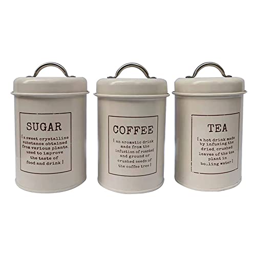 schonee Beige Kitchen Canisters, Rustic Farmhouse Canisters Set for Dry Food Storage, Metal Countertop Storage Jar, Set of 3 Coffee Sugar Tea Storage Containers(Set of 3 (Ivory White))