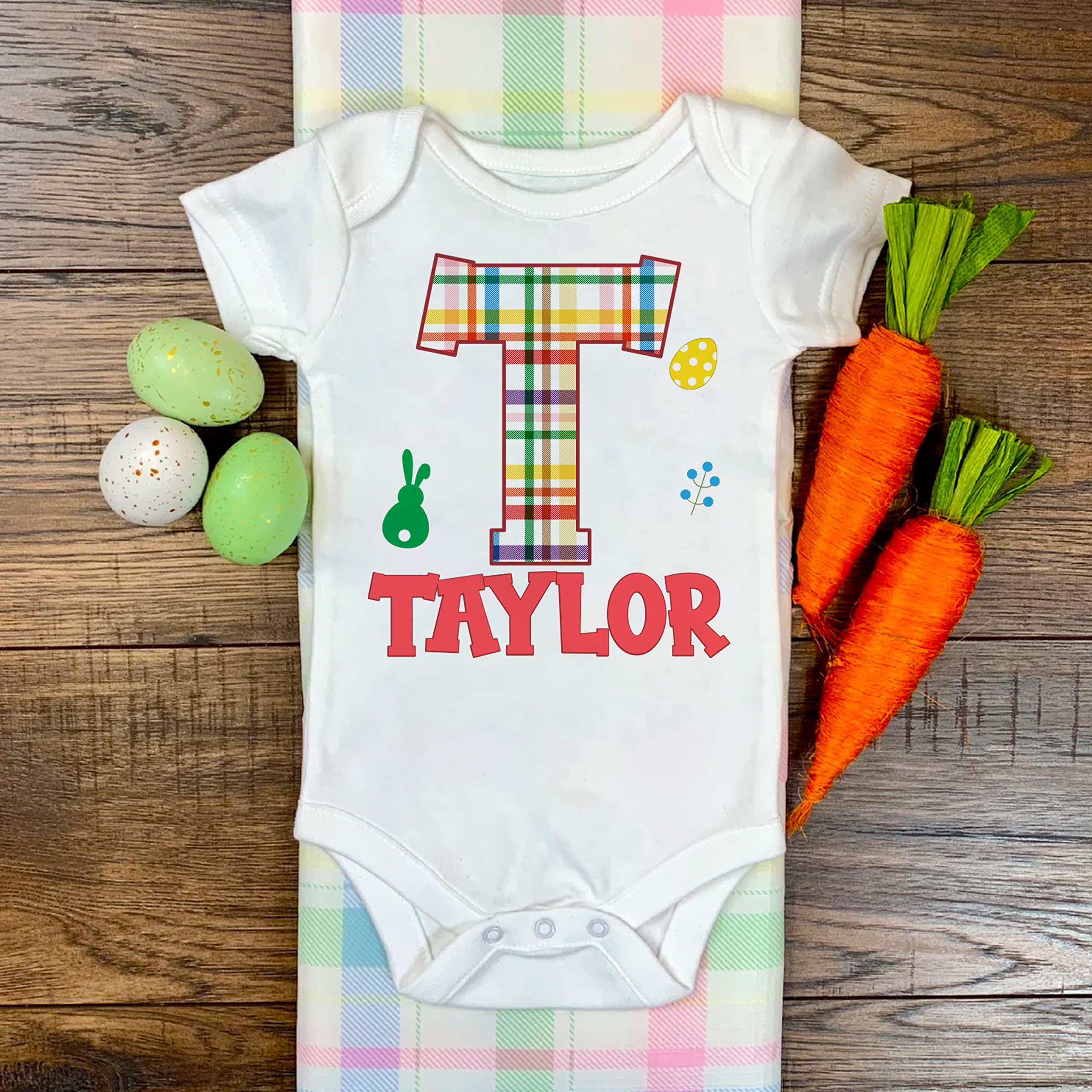 Personalized My First Easter Baby Onesie w/Name - 9 Design Customize 1st Boy Outfits Gifts Custom Girl Outfit Bunny Clothes Kids Bodysuit Newborn 6M 12M 18M 24M C1, White