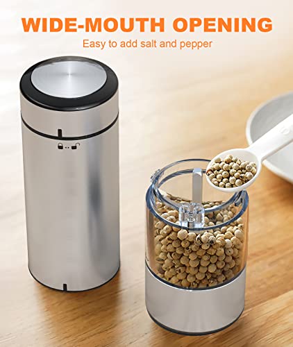 OUWMAN Electric Salt and Pepper Grinder Set, [2 Pack] Automatic Salt and Pepper Grinder Set Battery Powered with LED Light, Adjustable Coarseness Pepper Mill, One Hand Operation, Stainless Steel