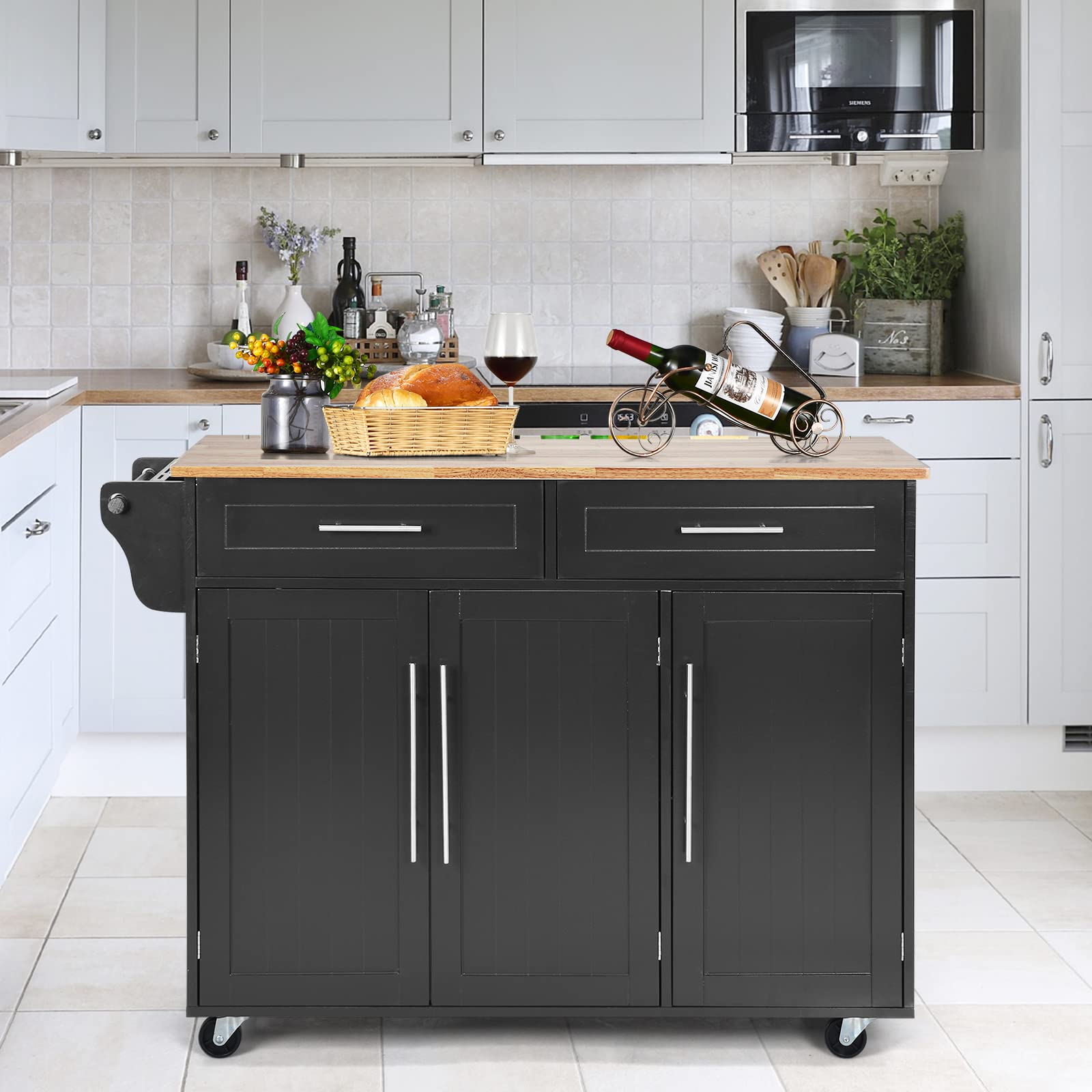 COSTWAY Mobile Kitchen Island Cart, Rolling Storage Trolley with Towel Bar, 2 Deep Drawers, 3 Door Cabinets, Swivel Casters, Rubber Wood Top, Ideal for Kitchen, Dining Room, Restaurant, Cafe (Coffee)