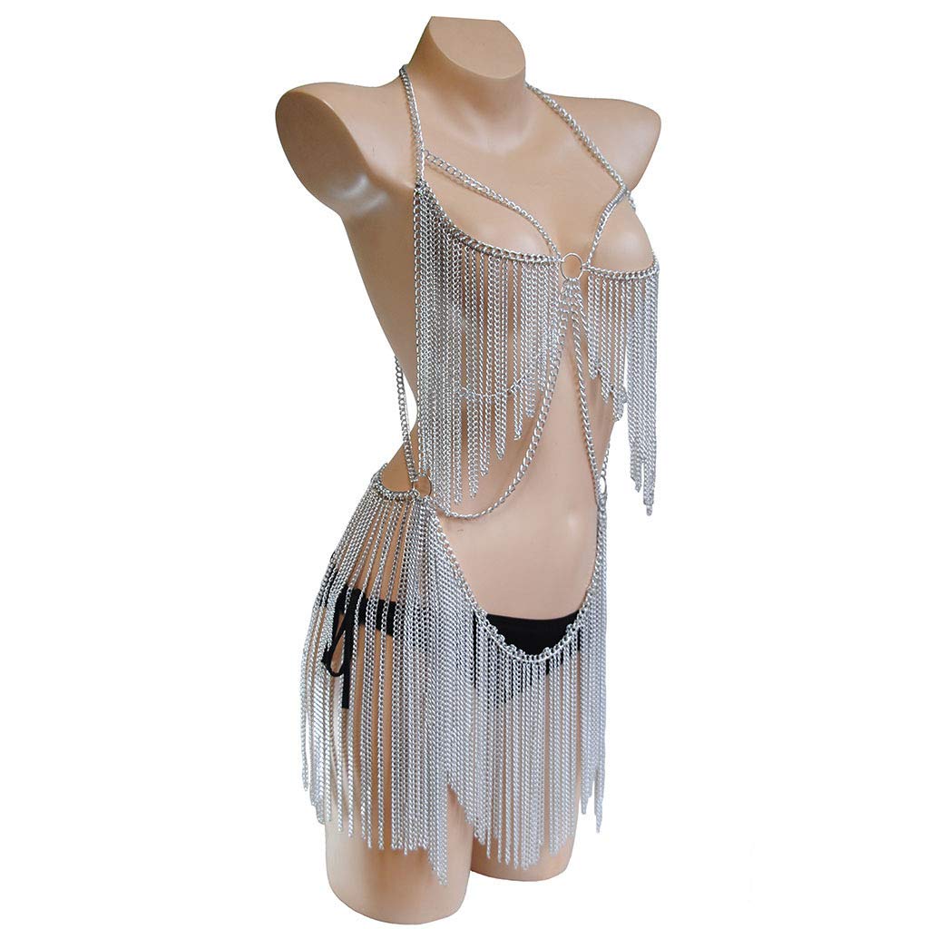 Connie Cloris Women's Sexy Suit Body Chain (Silvery Color-Personality Hanging Needle Connected Body Chain-8)