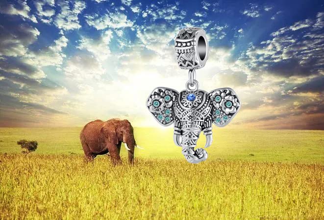 DWJSu Lucky Elephant Charms Good Luck Symbol Blue Crystal Dangle Animal Bead Charm fit Pandora Charm Bracelet & Necklace, DW-NEW075