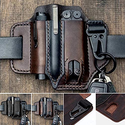 KANGDE Genuine Leather EDC Belt Loop Waist Multitool Sheath, EDC Pocket Organiser Pouch, Handmade 3 Pockets Organizer Sheath for FlashlightsTactical pensTools…, Dark Brown