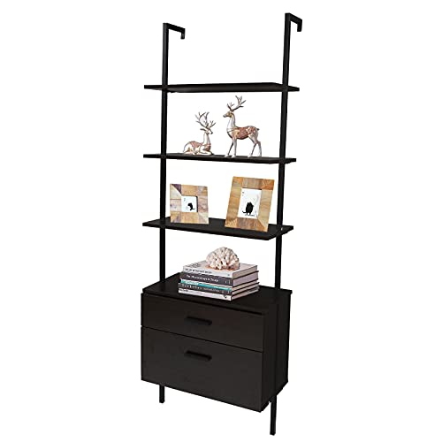 Rustic Industrial Bookshelf with Wood Drawers and Matte Steel Frame - Vintage and Wood Bookcase for Modern Minimalist Book Storage and Open Shelving Unit