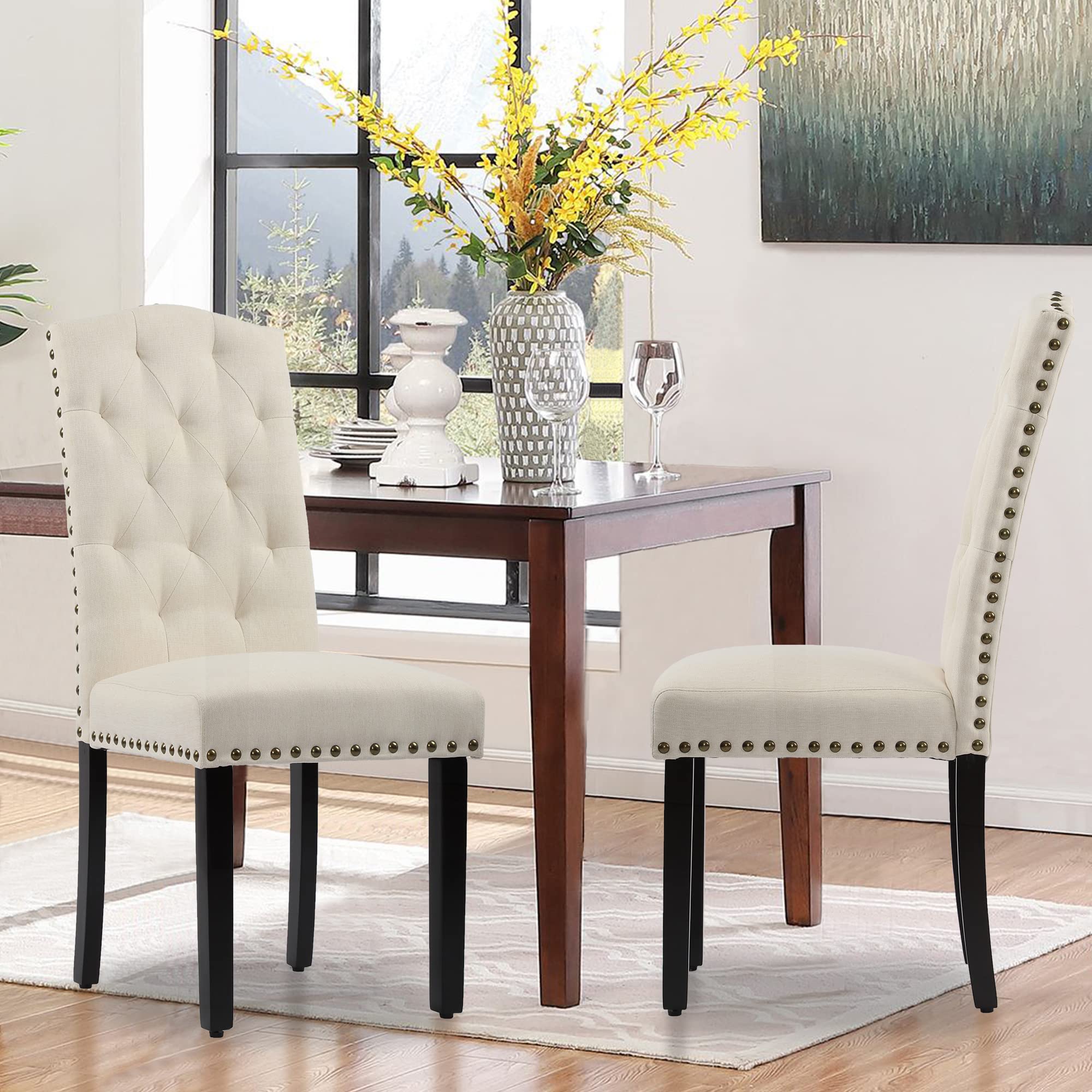 DAGONHIL Dining Chair Set of 2 Upholstered Dining Room chairs,Armless Kitchen Chair with Black Solid Wood Legs for Home Kitchen Living Room(Beige)