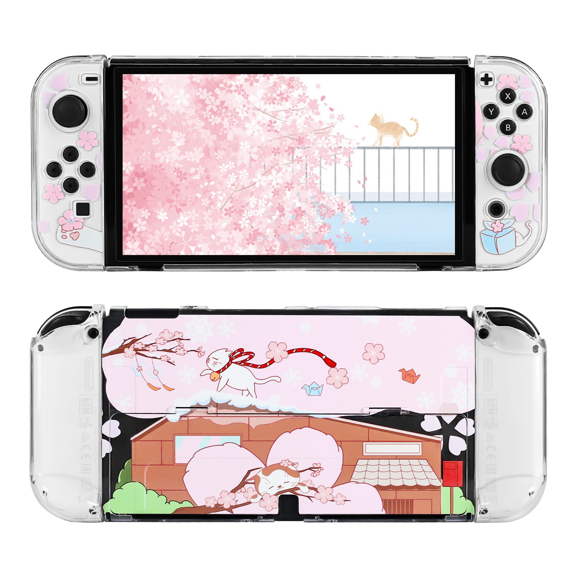 FANPL Cute Case Compatible with Nintendo Switch OLED, Case Cover with Sakura Cat Pattern for Switch OLED Console & Joycon, Hard PC Flip Shell with Ergonomics Grip Case, Kawaii Dockable Skin for Girls