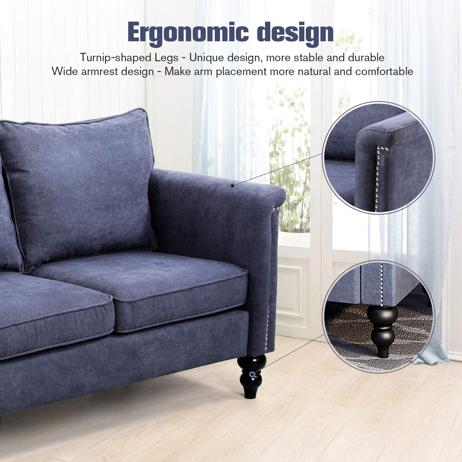 CUGBO Loveseat Sofa, Linen Modern Couch for Compact Living Space Bedroom Apartment Dorm Lounge Room Office Studio, Recliner w Removable Cushions Armrests Wood Legs (Blue Grey)
