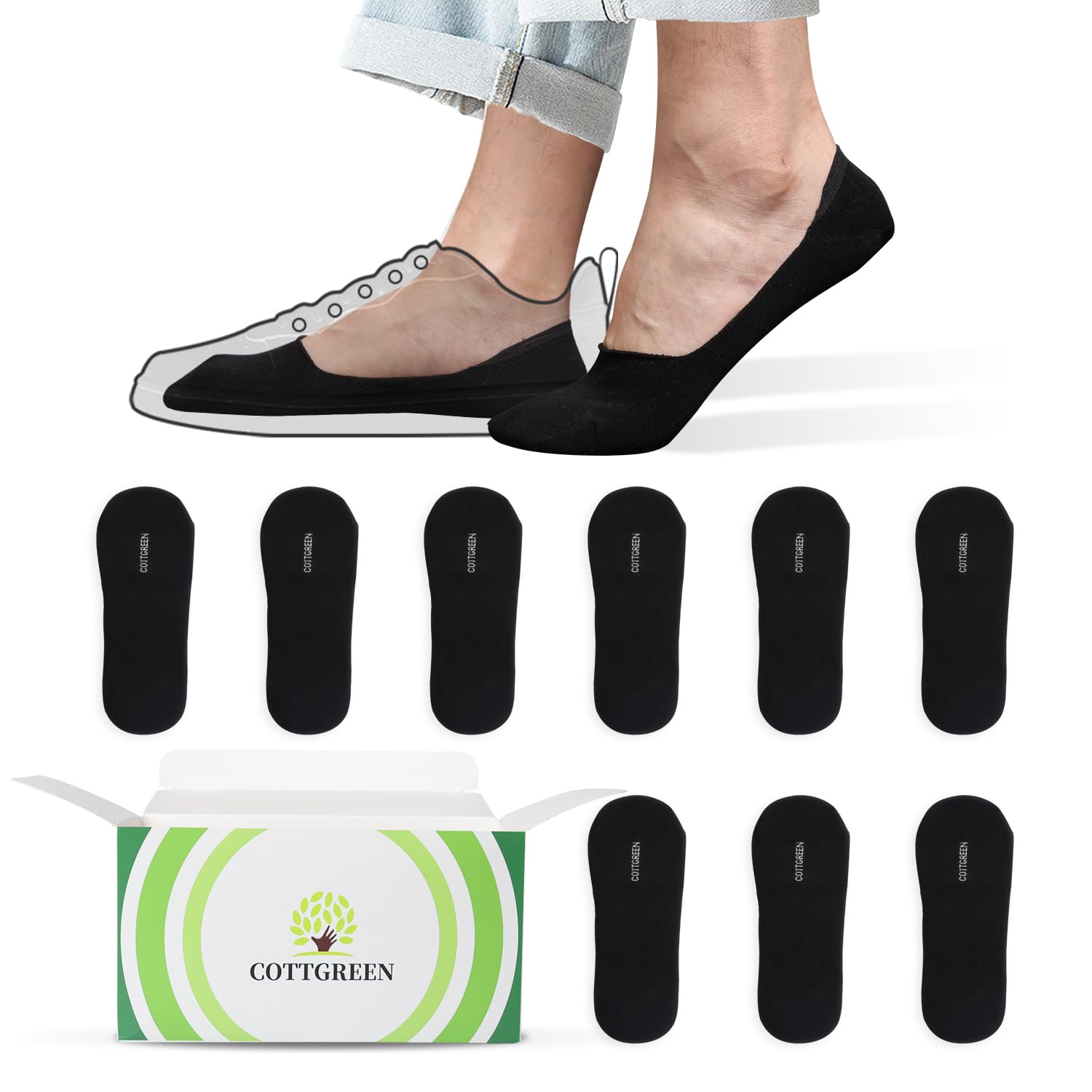 COTTGREEN No Show Socks Men,No Show Socks Womens Size 7-9-11,Anti-slid Invisible Socks For Men Moisture Wicking Cotton Socks|9 Packs Black