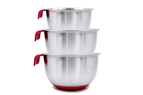 Kansara Stainless Steel Mixing Bowls, Non slip silicone base bowls with Handle, Mixing Bowl Set with Pour Spouts & Measurement Marks, Home Essentials Cooking Bowls (Size: 1QT, 2.5QT, 4QT) Red Color