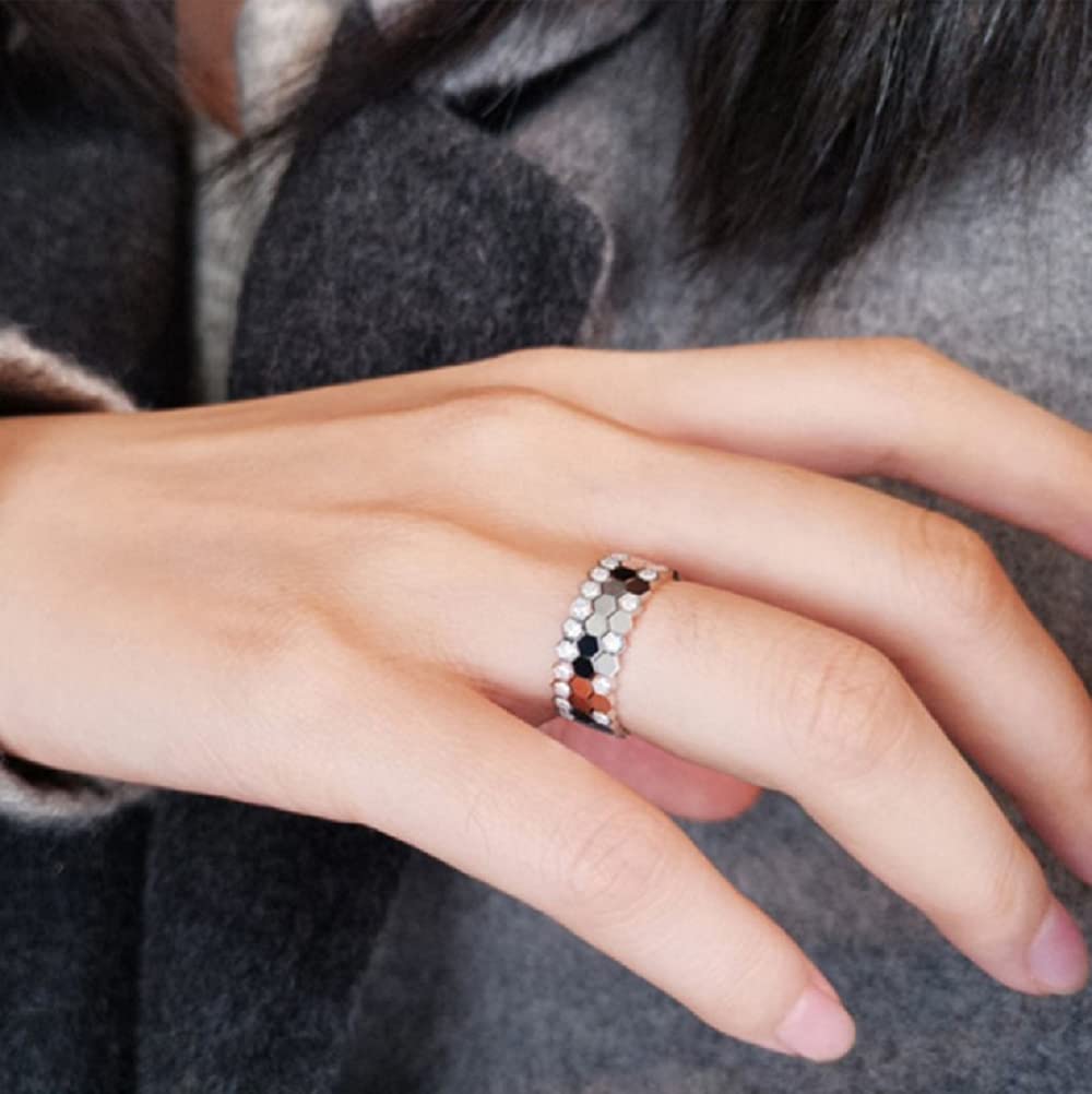 Detail 18K Plated Platinum/Rose Gold Cute Bee Honeycomb Ring Minimalist Women's Geometric 3PCS Set Shiny Cubic Zirconia Diamond Hexagonal Ring Wedding Anniversary Eternity Ring (8#, Platinum)