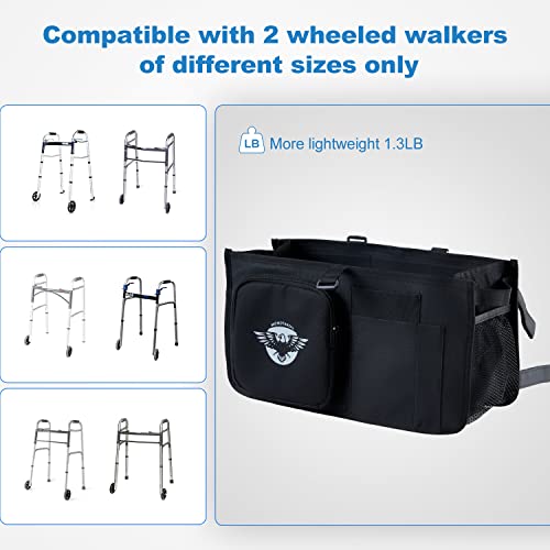 Walker Basket, Monotakou Walker Bag Water Cup Holder, Foldable Walker Storage Bag with Big Capacity & Never Tipping Over, Ideal Gift for Family and Friends - Black (for 2 Wheeled Rollator Walkers)