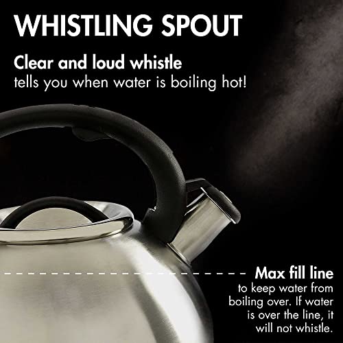 Primula Avalon Whistling Stovetop Tea Kettle Food Grade Wide Mouth, Fast to Boil, Cool Touch Handle, 2.5-Quart, Brushed Stainless Steel