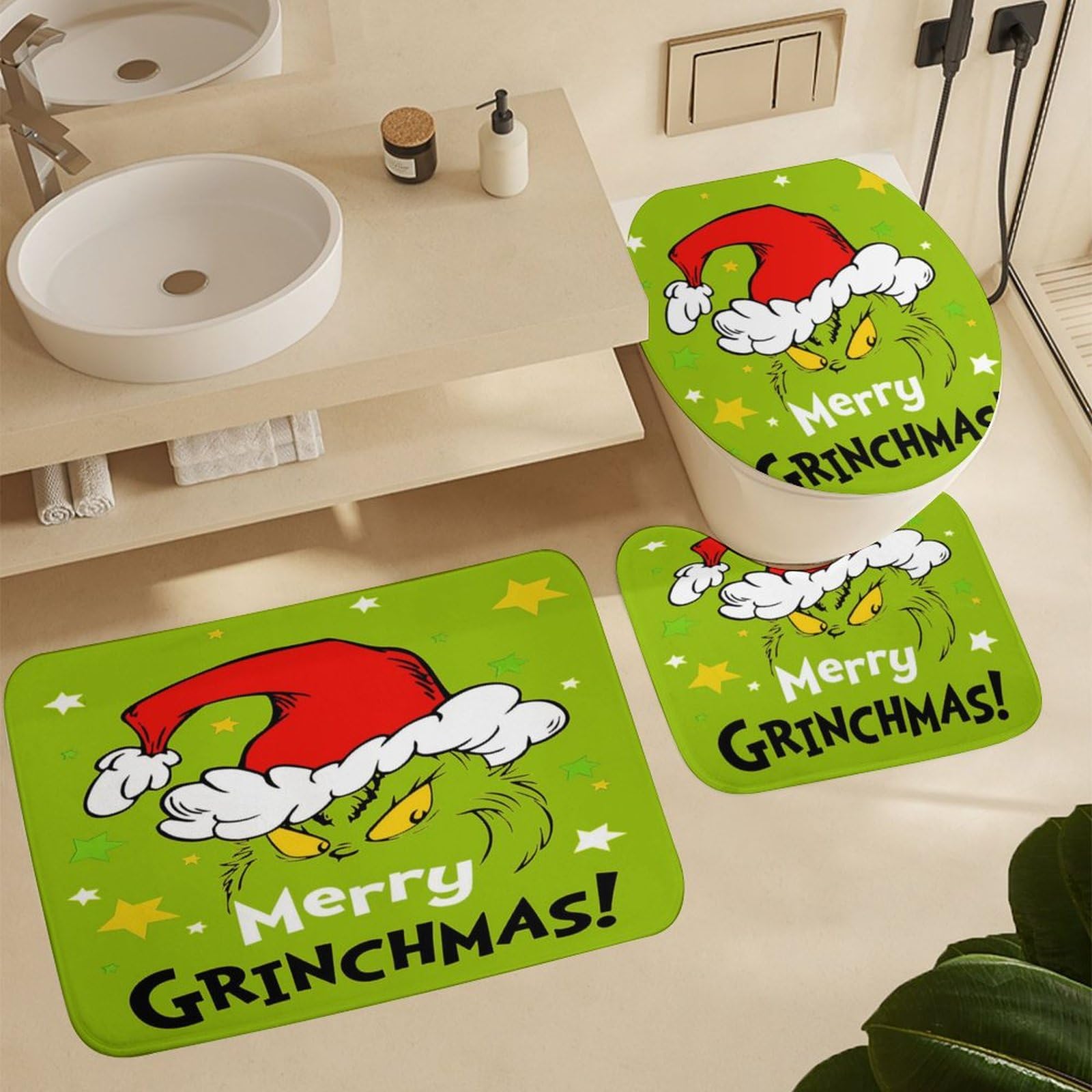 DELSRROW Christmas 4PCS Shower Curtain Set with Non-Slip Mat,Toilet Lid Cover,and Bath Mat, Polyester Fabric Shower Curtain with 12 Hooks,Durable Bathroom Decor Set 72 * 72INCH