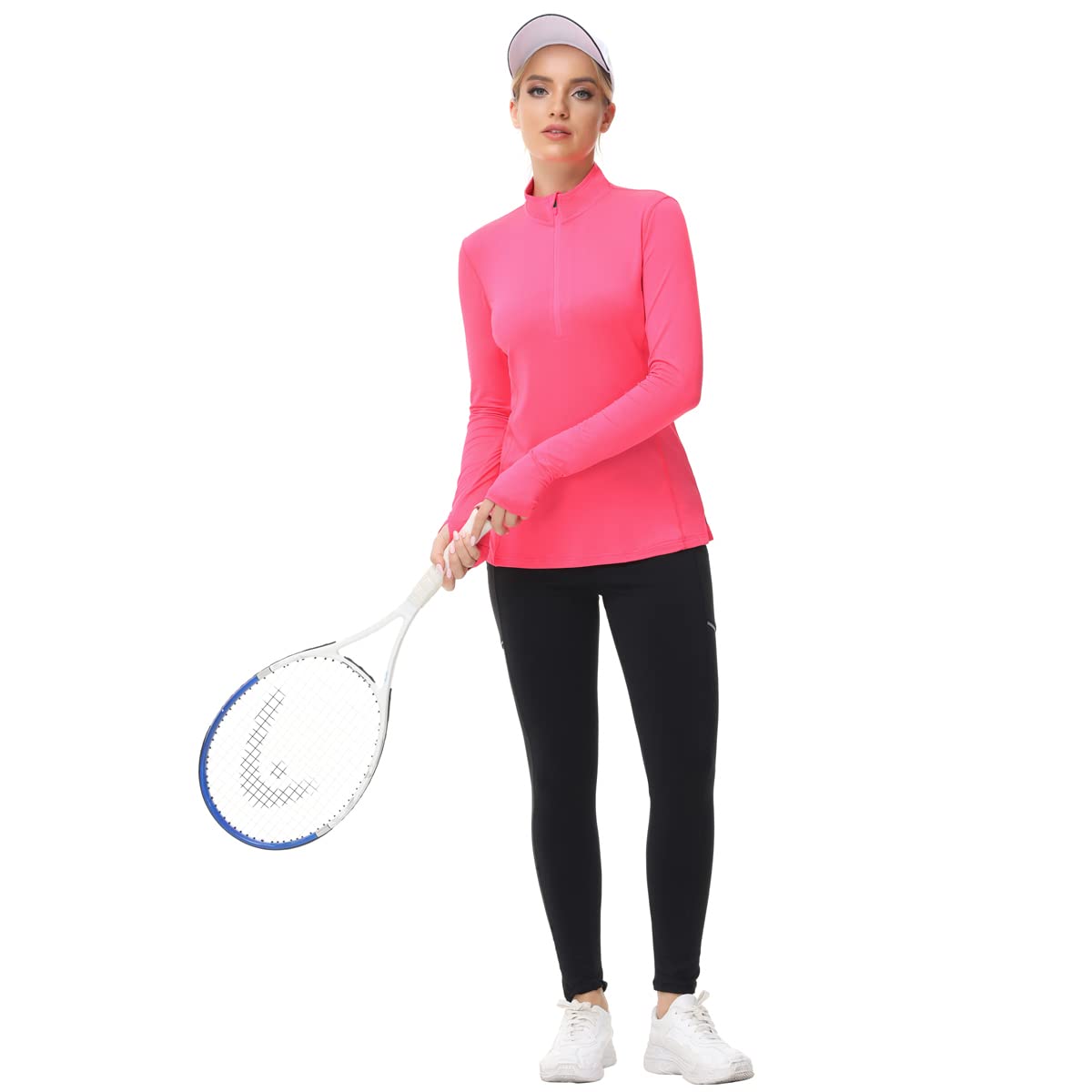Corna Womens Long Sleeve Tennis Shirts Half Zip Golf Pullover UPF 50+ Sun Protection SPF Running Workout Shirts with Thumb Holes Rose red XL