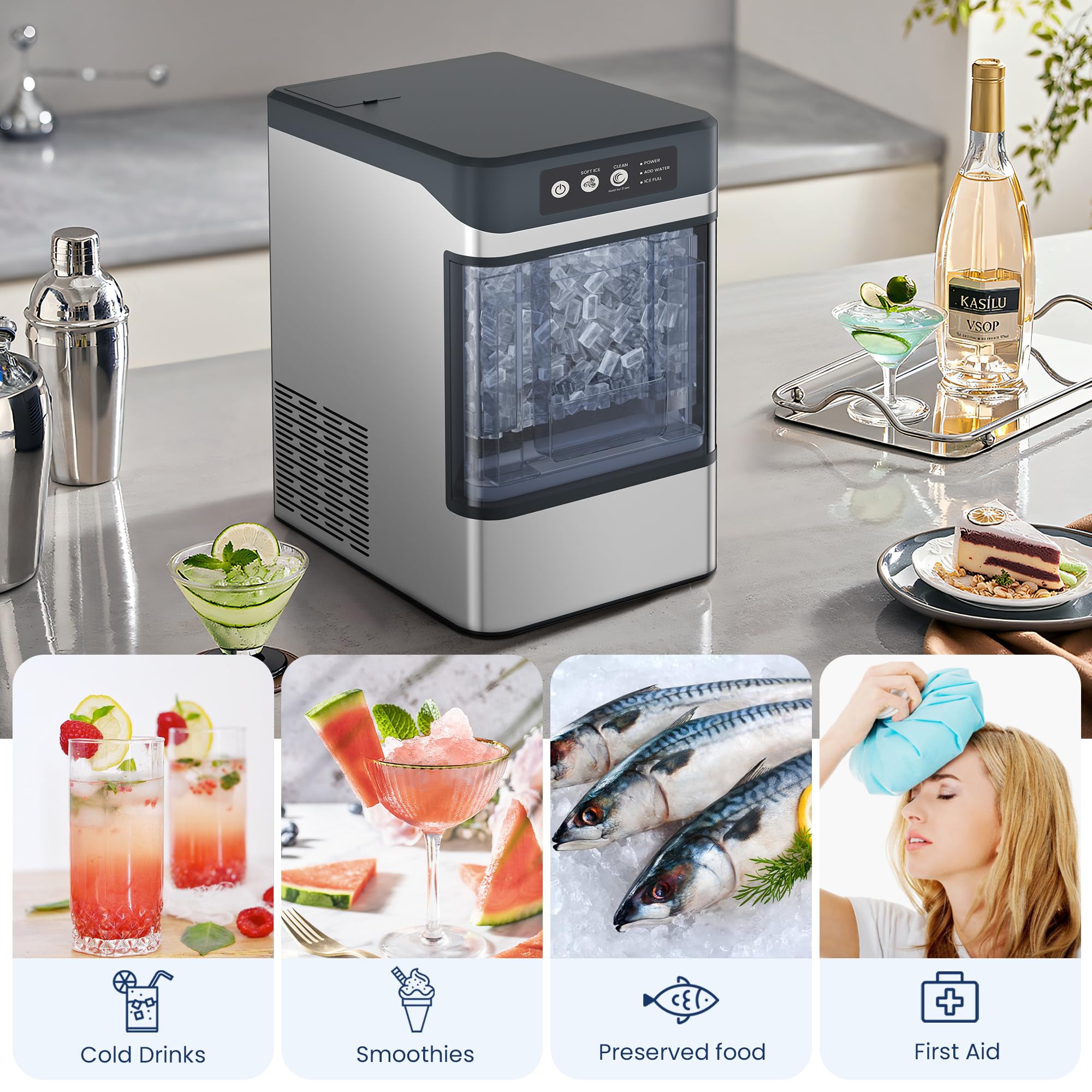 MERITLIFE Pellet Nugget Ice Maker,Countertop Small Ice Machine,Crunchy Chewable Soft Ice,1.3L Water Tank,Auto Cleaning,Fresh Ice for Kitchen,Bars,Office,Parties (M2)