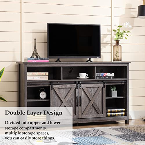Vinctik 6&Fox 57β Wooden Farmhouse TV Stand for 60/65 inch TV,Double Layer Storage Entertainment Center TV Console Table,w Double-Row Sockets and 2 Sliding Barn Door,Media Cable Box(Grey Wash)