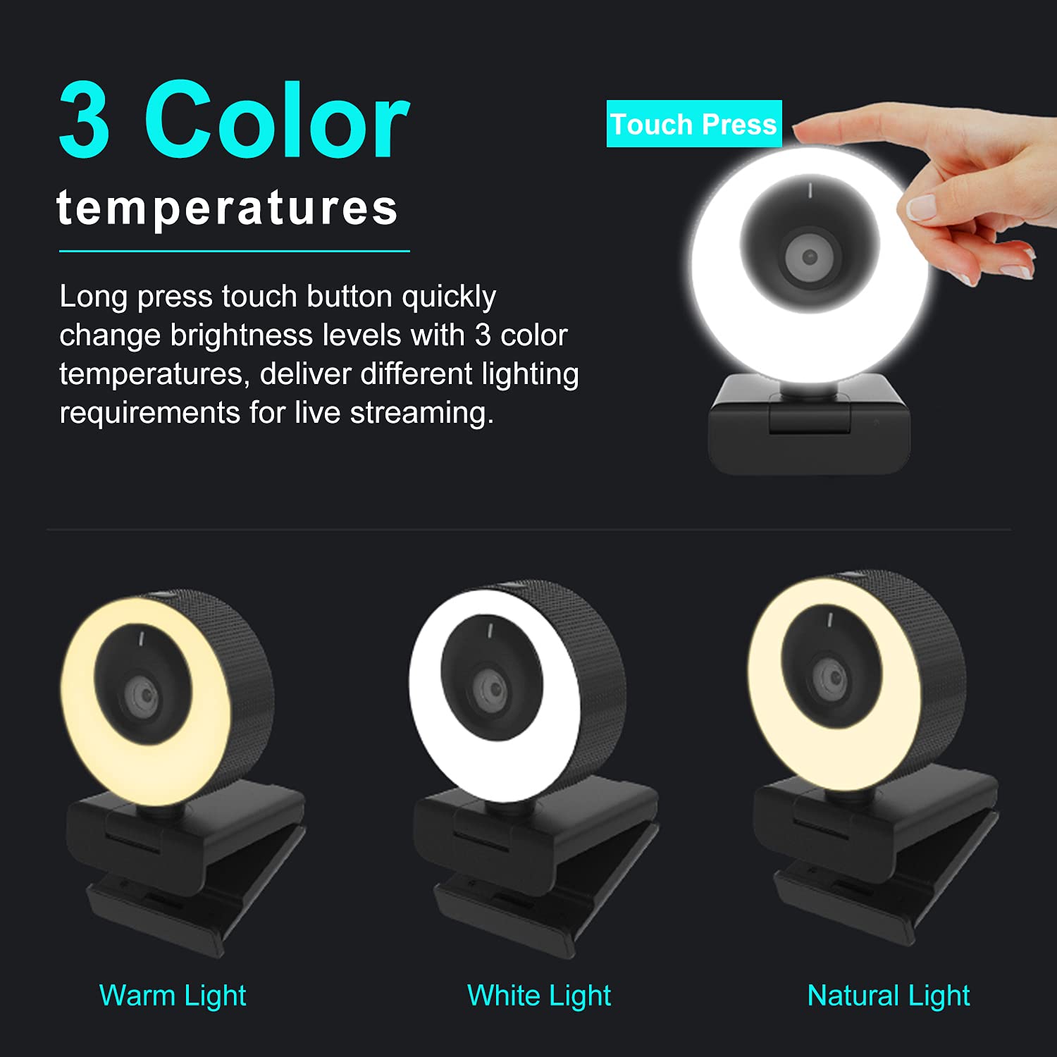 COSHIP 1080P 60FPS Webcam for PC, with Microphone, 2024 Computer Camera with Ring Light, Privacy Cover, Advanced Auto-Focus, Adjustable Brightness, Streaming Web Camera for Zoom Skype