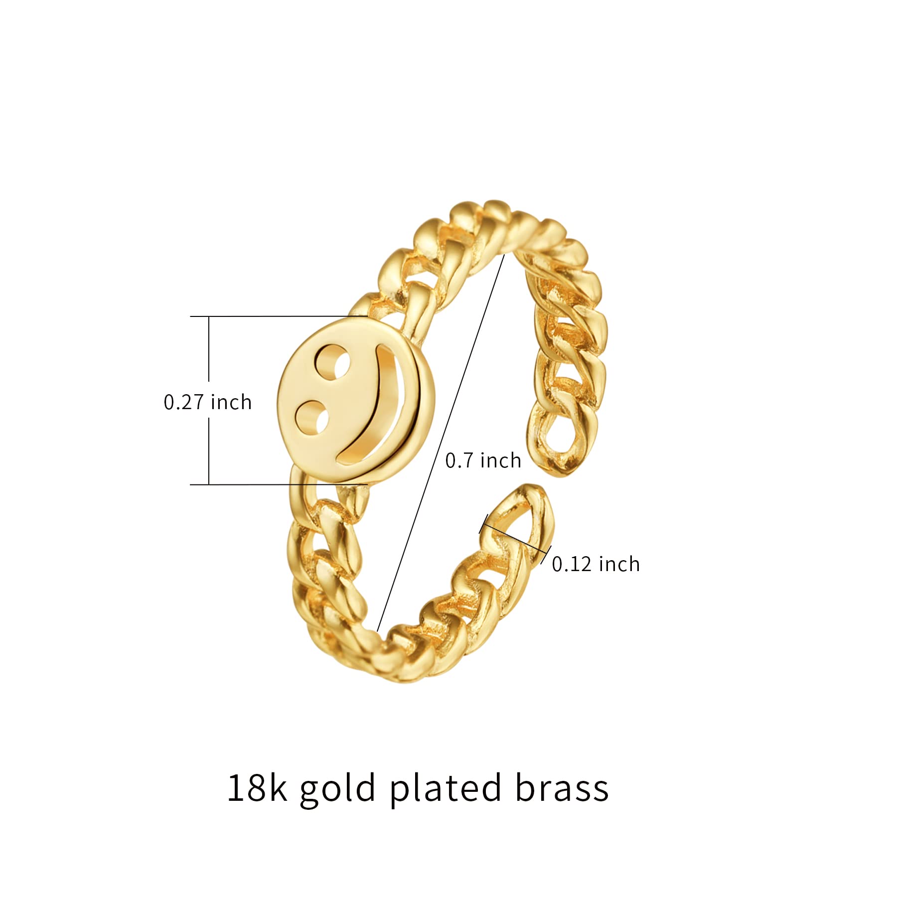 DXZNBEST Women Smiley Face Ring Good Luck Band Open Smiling Happy Face Rings Statement Jewelry Adjustable Bands for Women Men 2PCS