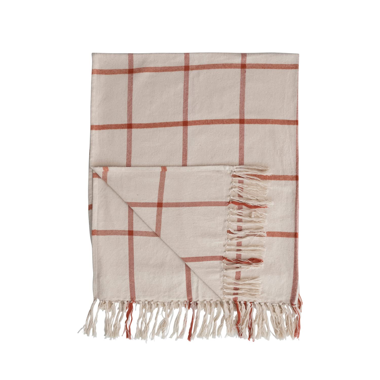 Creative Co-Op Cotton Flannel Throw Blanket with Grid Pattern and Fringe, Cream and Rust
