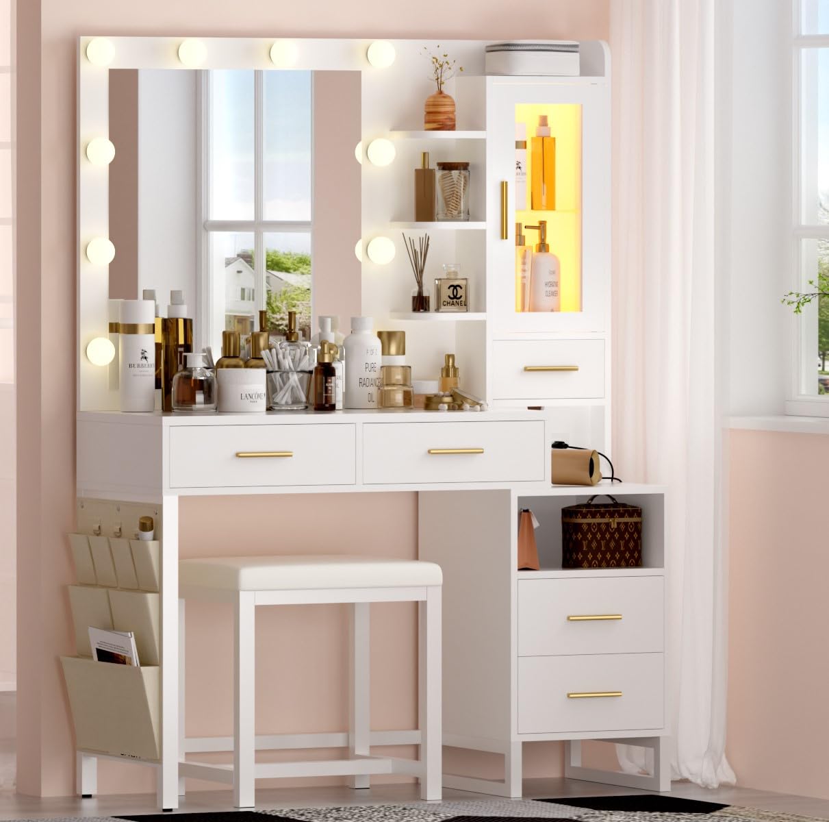 Dnxao Vanity Desk with Mirror and Lights, White Makeup Vanity Desk with Mirror Lights Vanity Table Set with Charging Station, 5 Drawers & Side Storage Bag, 3 Lighting Modes, Brightness Adjustable