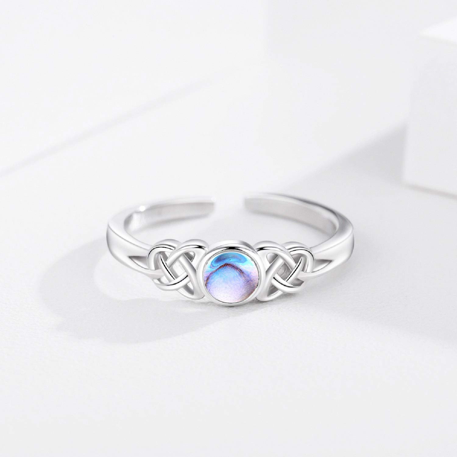 CUOKA MIRACLE Moonstone Rings S925 Sterling Silver Celtic Knot Ring Adjustable Rainbow Moonstone Ring Synthetic Ring Jewelry Gift for Women