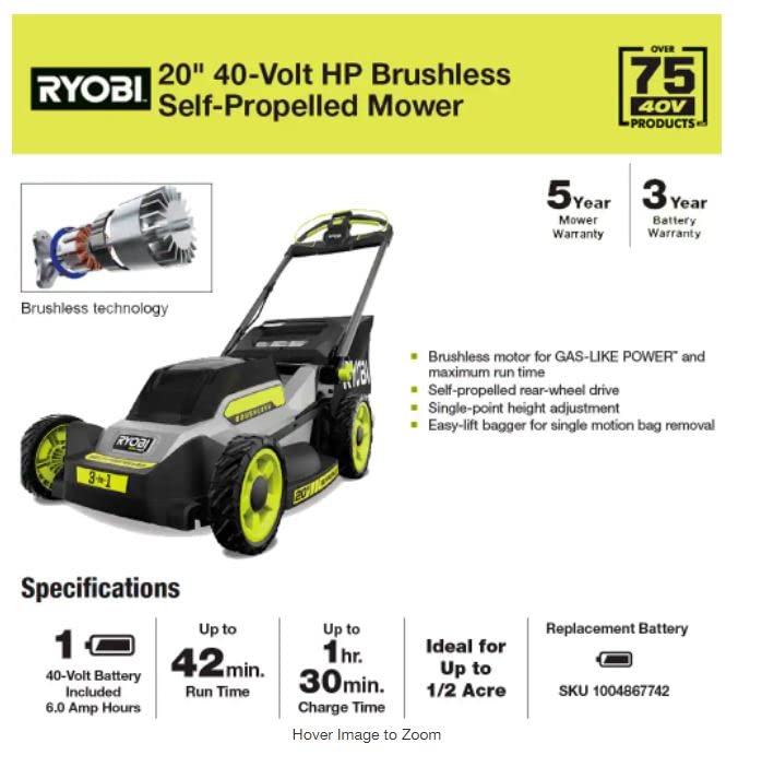RYOBI ONE RYOBI 40V HP Brushless 20 in. Cordless Electric Battery Walk Behind Self-Propelled Mower with 6.0 Ah and Charger, Black