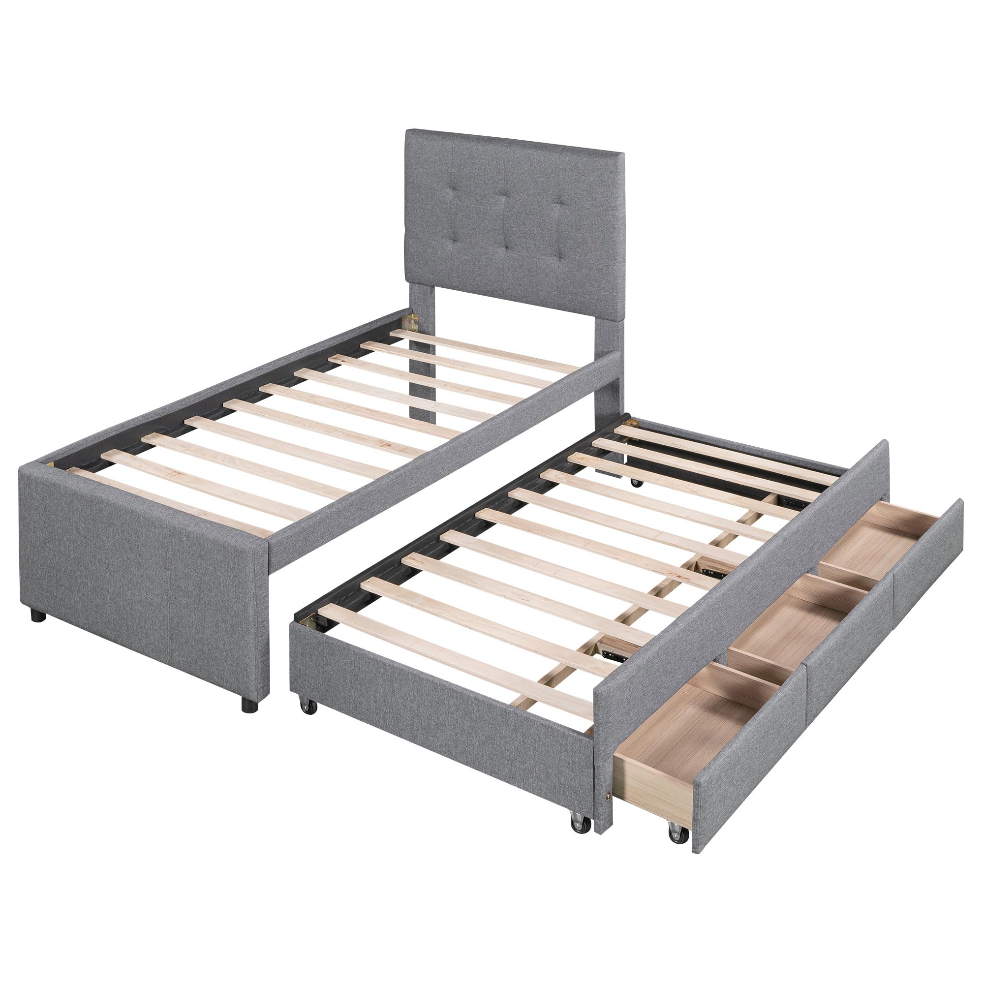 DNYN Upholstered Twin Size Platform Bed with Trundle & 3 Drawers for Kids Bedroom,Solid Wood Bedframe w/Storage & Headboard,No Box Spring Needed & Super Save Space,80.5" L x 80.75" W x 56.25" H, Gray