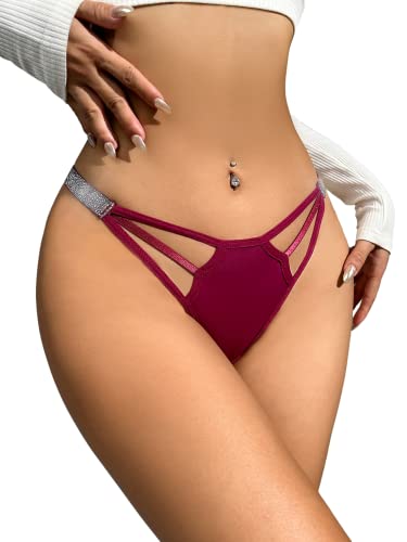 SOLY HUX Thongs for Women Cutout Glitter Underwear Panties Sexy Panty Solid Burgundy M