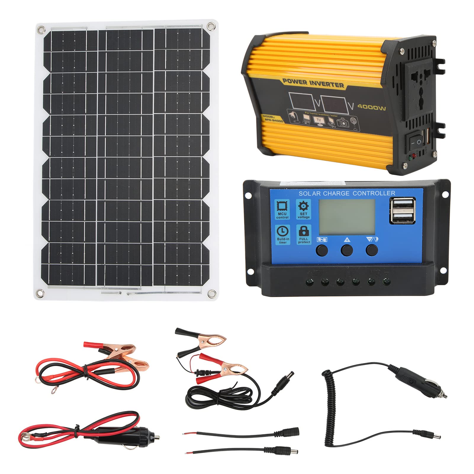 DOACT Solar Power Kit, Full Protection Solar Inverter Kit 30A Charge Controller 300W Inverter with Charging Cable for Outdoor Use (12V to 110V)
