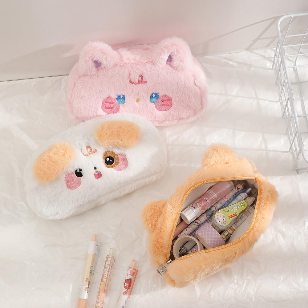 NIORYUZ Fluffy Plush Cute Animal Puppy Kitty Bunny Pencil/Pen Pouch Soft Cosmetic Bag Tote/Travel Organizer Large Capacity (Kitty)