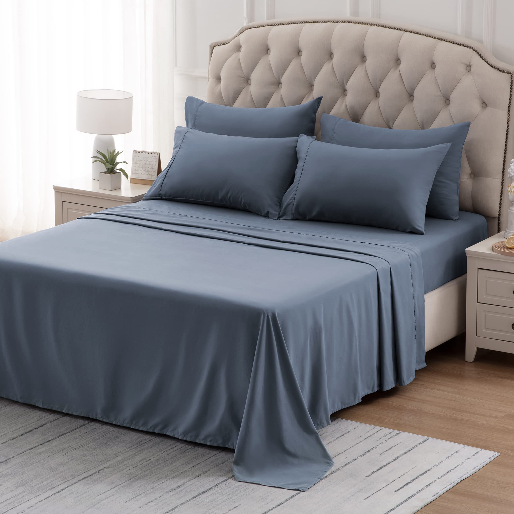 SLEEP ZONE Nanotex Super Soft Cooling Twin Bed Sheets Set for Kids 3 Piece - Easy Care Fitted Flat Sheet & Pillowcase Sets - Wrinkle Free, Fade Resistant, Deep Pocket 16" (Flint Blue, Twin)