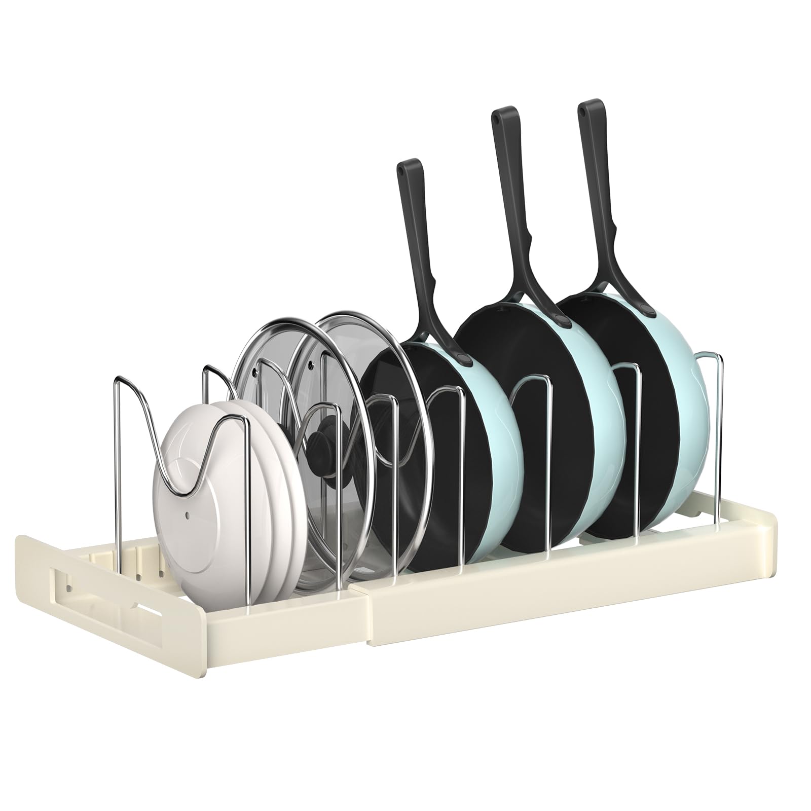 COTTONCARE Expandable Pot and Pan Organizers Rack for cabinet - Pot Lid Organizer Rack Holder with 7 Adjustable Dividers, Kitchen Cabinet Cookware Baking Organizer, White 11.81''-22''