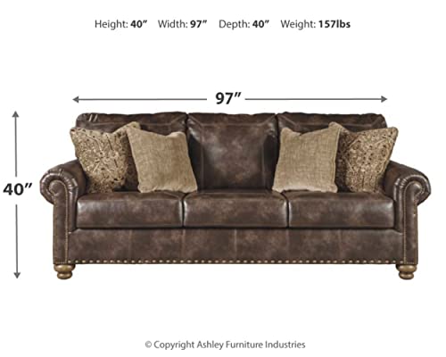 Signature Design by Ashley Nicorvo Traditional Faux Leather Sofa with Gold Nailhead Trim, Brown