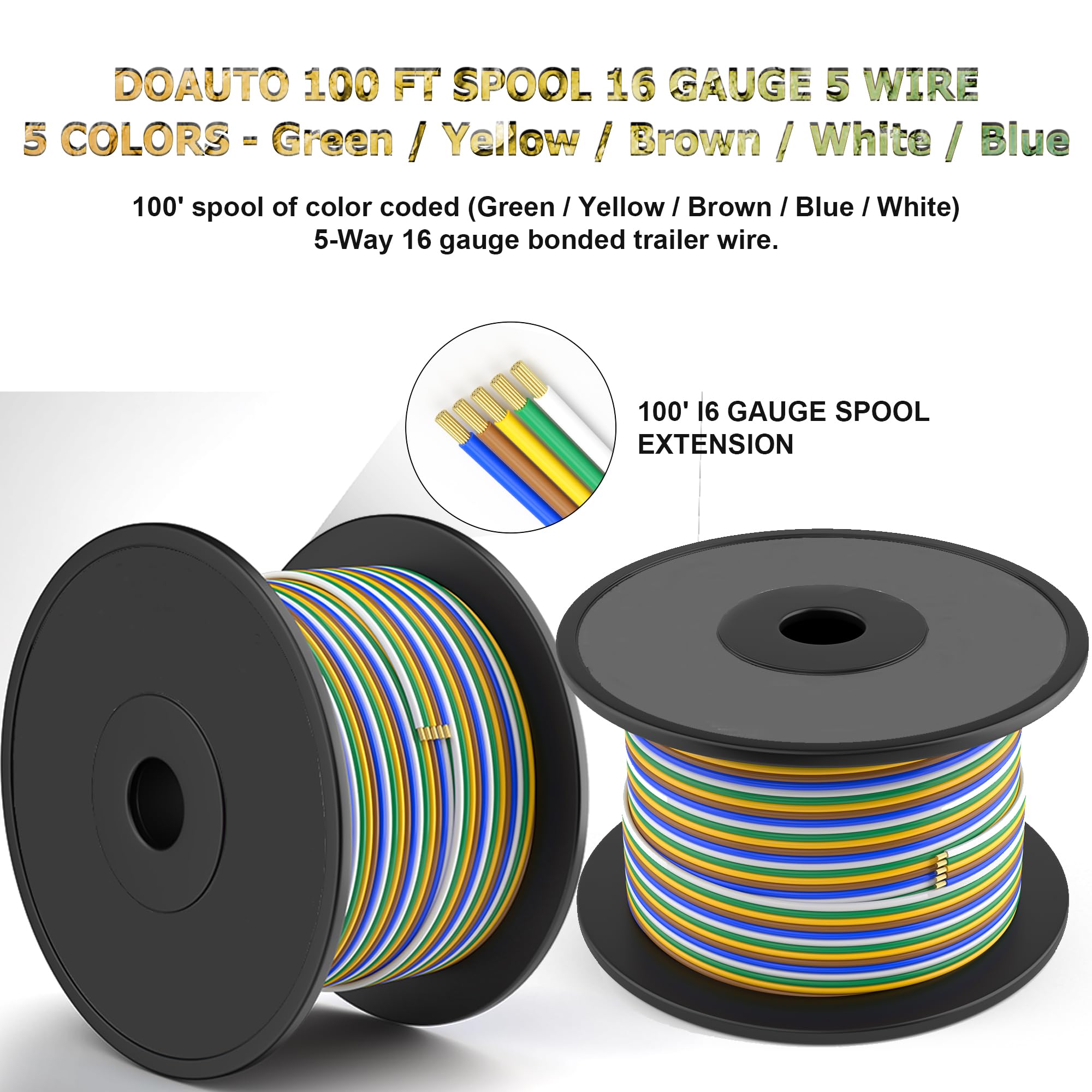 DOAUTO Enough 100Ft Enough 16AWG 5 Way Bonded Trailer RV Camper Towing Boat Wiring Harness Spool, Standard Primary 16AWG 5 Wire Ideal for All Basic Wiring Needs(Green, Yellow, Brown, Blue, White)