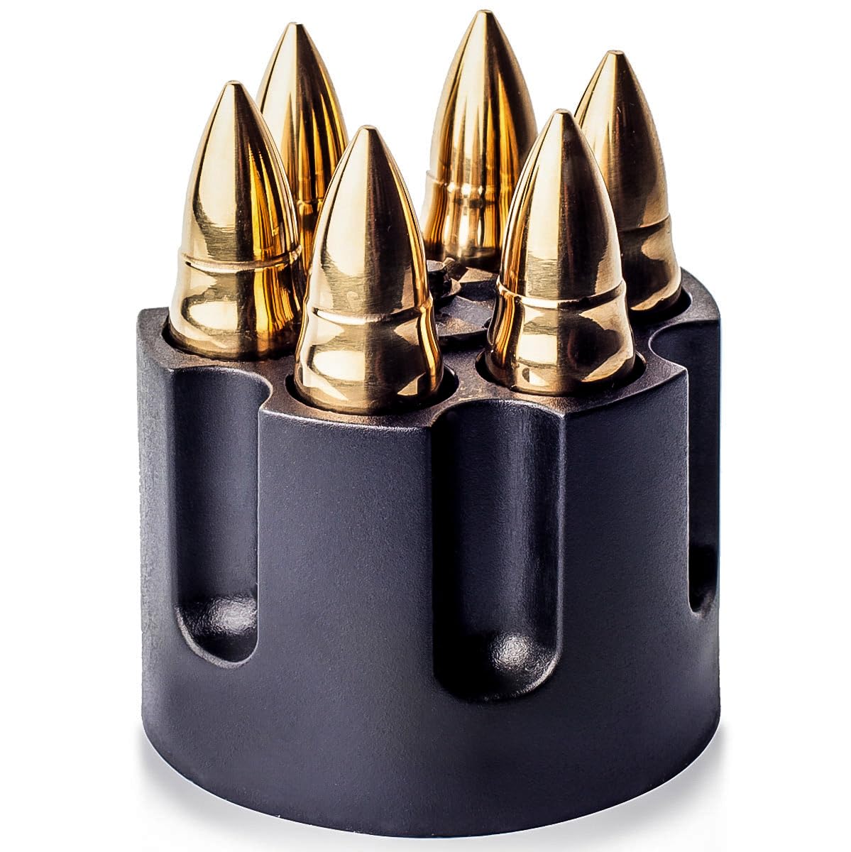 Golden Whiskey Stones Extra Large 6 Laser Engraved Stainless Steel Bullets with Revolver Barrel Base Reusable Chilling Rocks Stone Ice Cubes Chillers Birth Day Gift Set for Father's Day, Military Man.