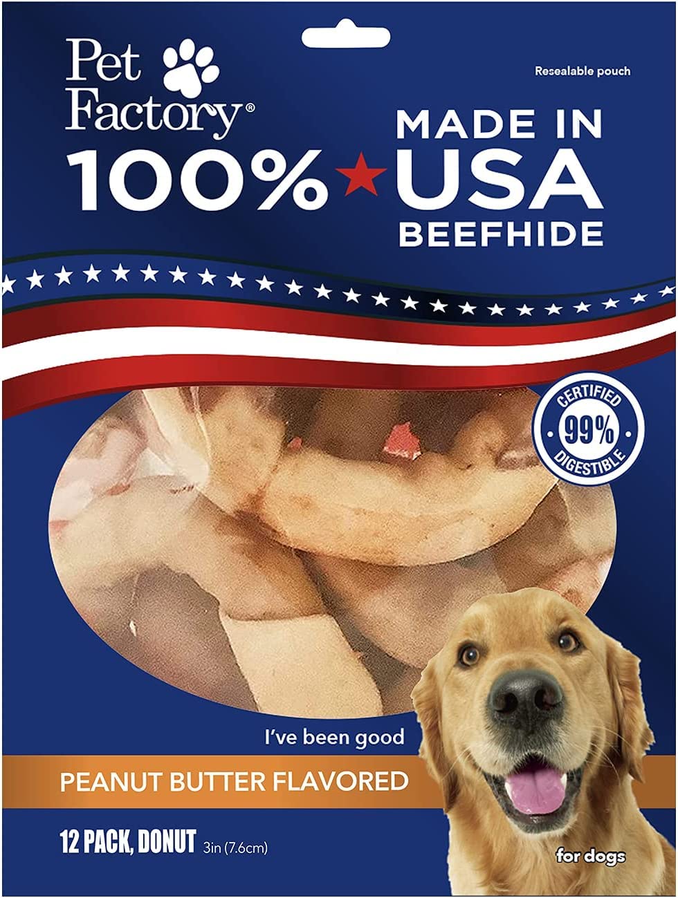Pet Factory 100% Made in USA Beefhide 3" Donuts Dog Chew Treats - Peanut Butter Flavor, 12 Count/1 Pack