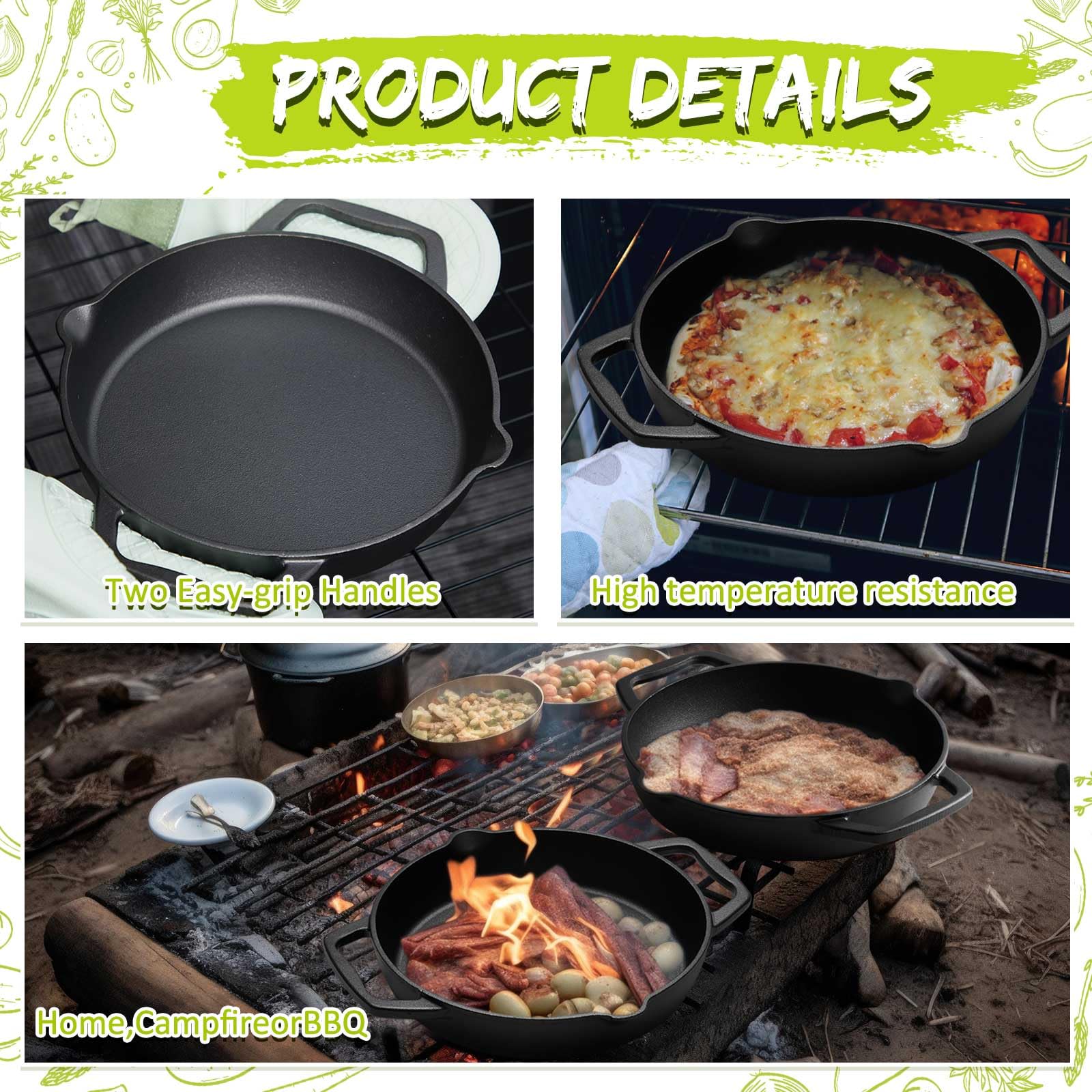 Sunnychicc 12 Inch Cast Iron Pan Dual Handle Cast Iron Skillet Black Casserole Dish Cast Iron Cookware Oven Safe Cast Iron Ramekin for Kitchen Indoor Outdoor Camping Picnic(1 Pcs)